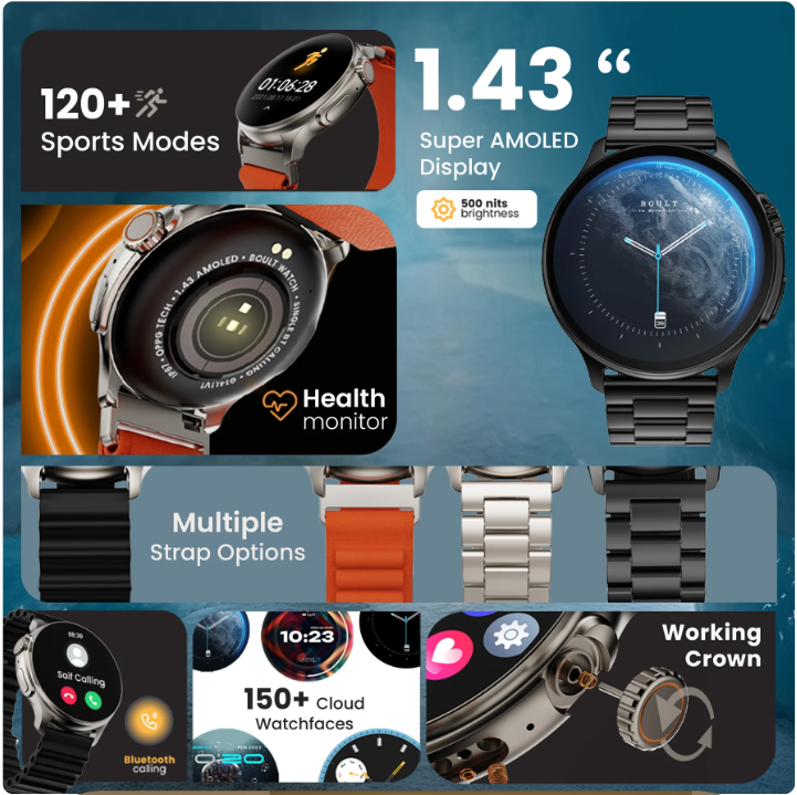 BOULT Crown R Pro Smartwatch | 1.43" Super Amoled Display | Bluetooth ...